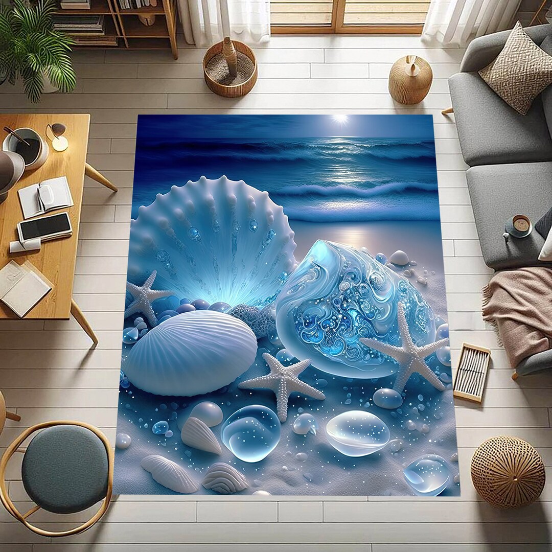 Starfish Rug, Shell Rug, Blue and Gold Sea Shell Rug, Blue Pearl Rug ...