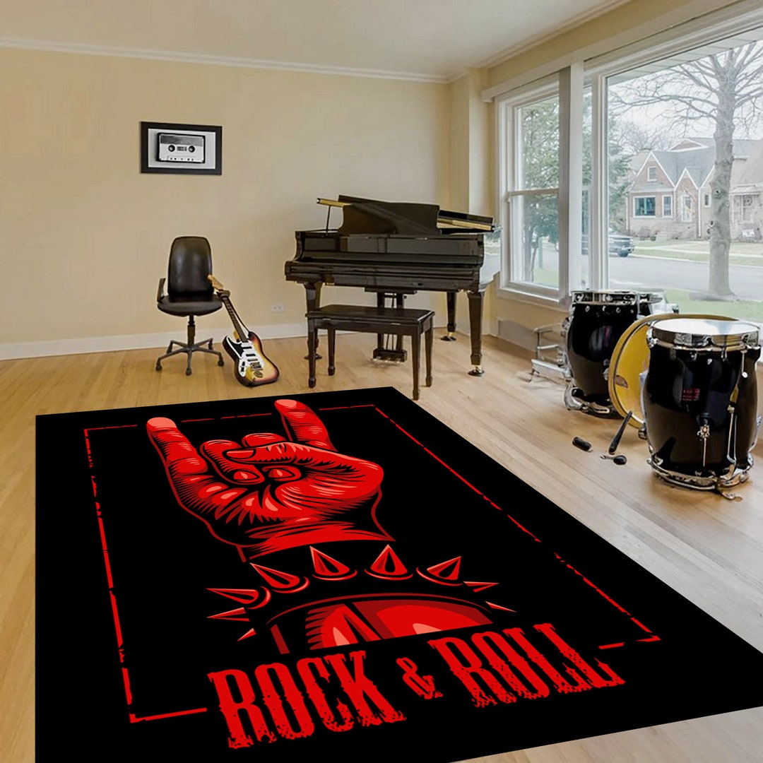 Rock and Roll Sign Rug, Guitar Rug, Rock Music Lovers Rug, Rock N Roll ...