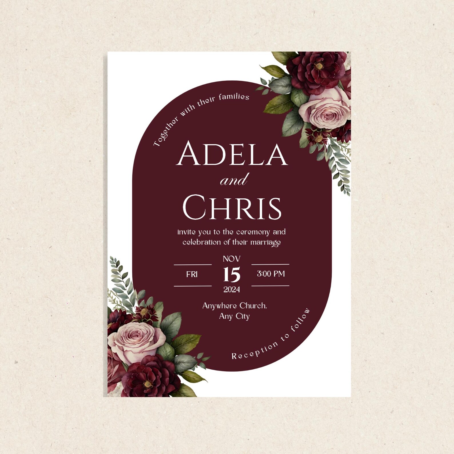 Maroon Wedding Invitation Template, Burgundy Wedding Invite, Printable ...