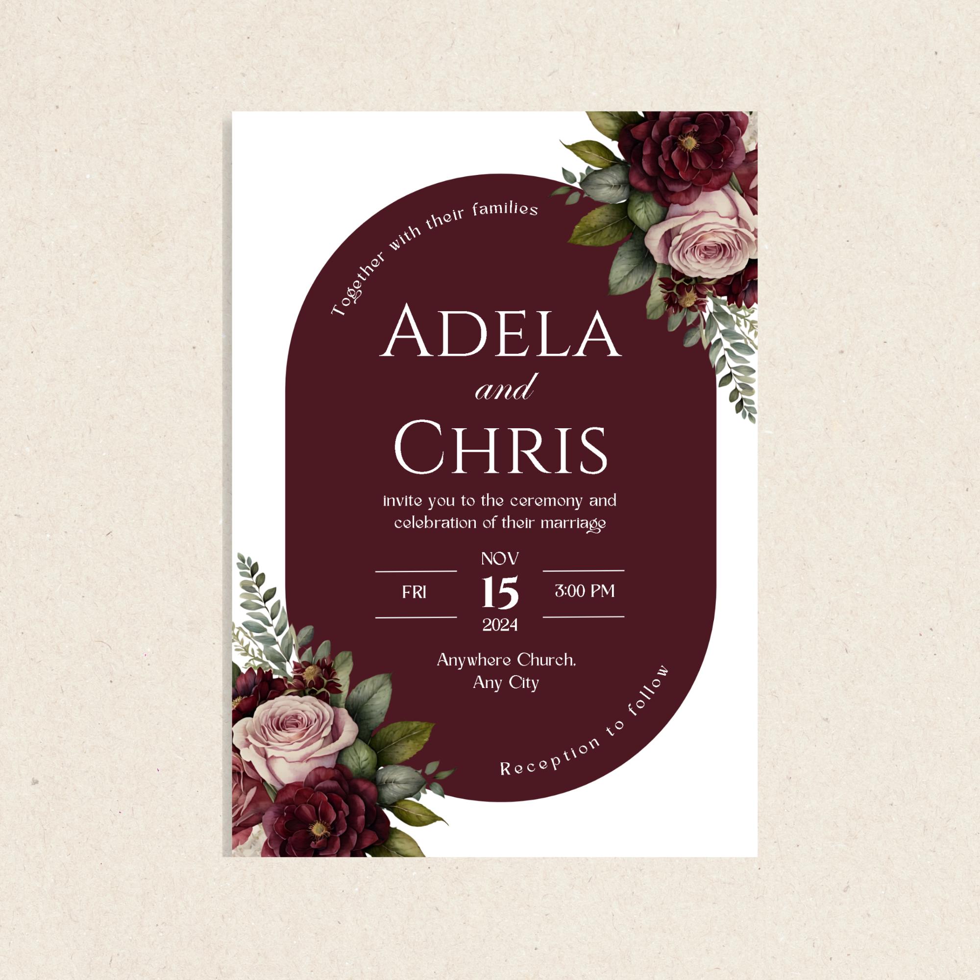 Maroon Wedding Invitation Template, Burgundy Wedding Invite, Printable ...