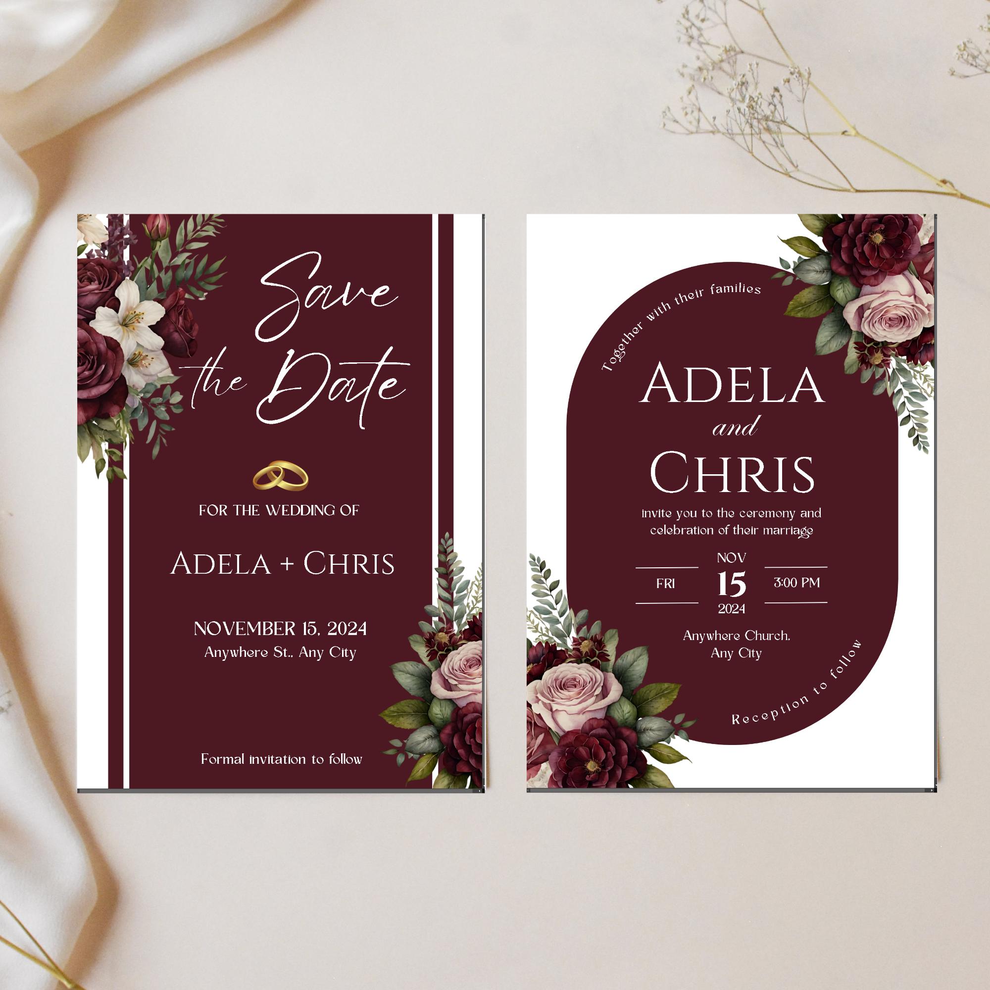 Maroon Wedding Invitation Template, Burgundy Wedding Invite, Printable ...