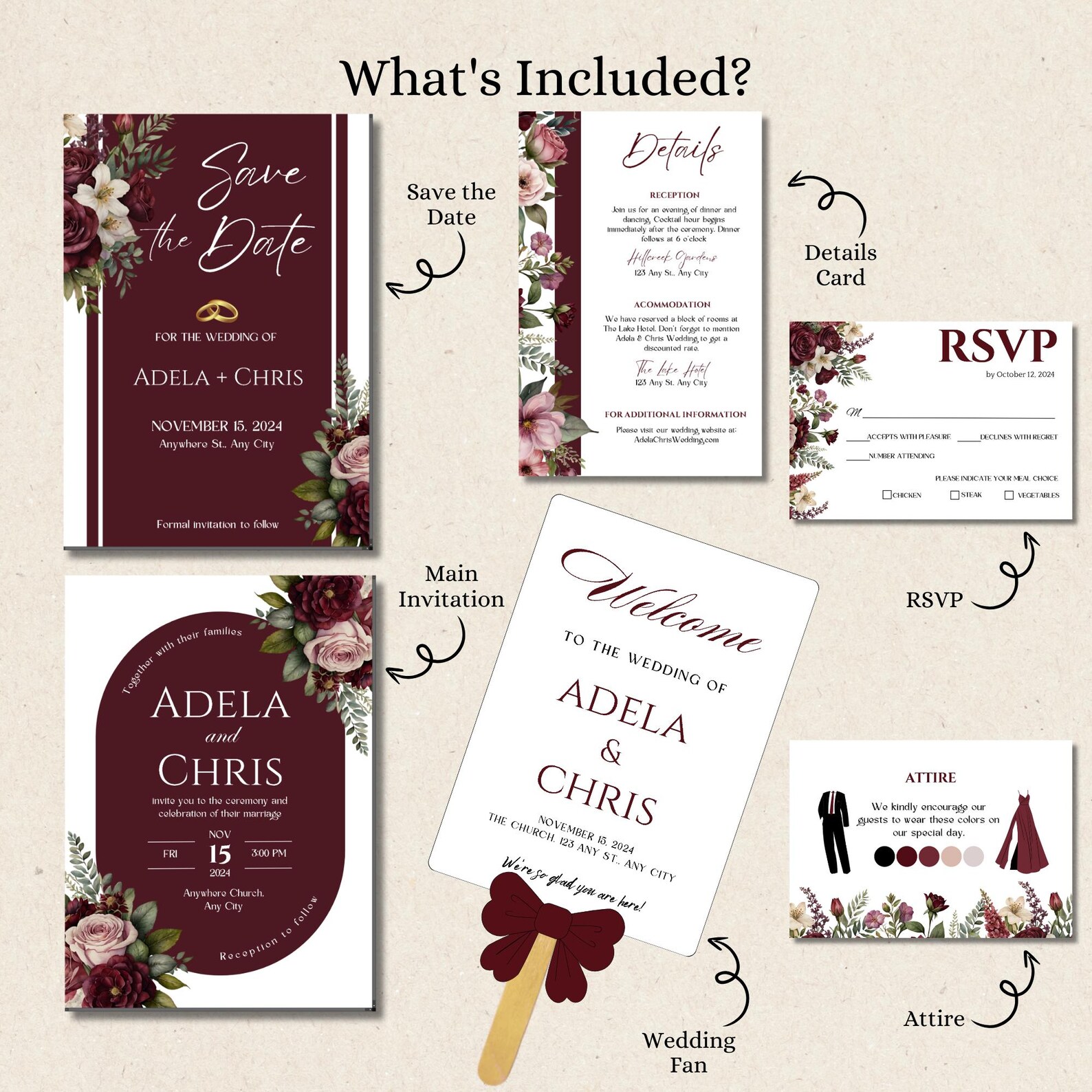 Maroon Wedding Invitation Template, Burgundy Wedding Invite, Printable ...