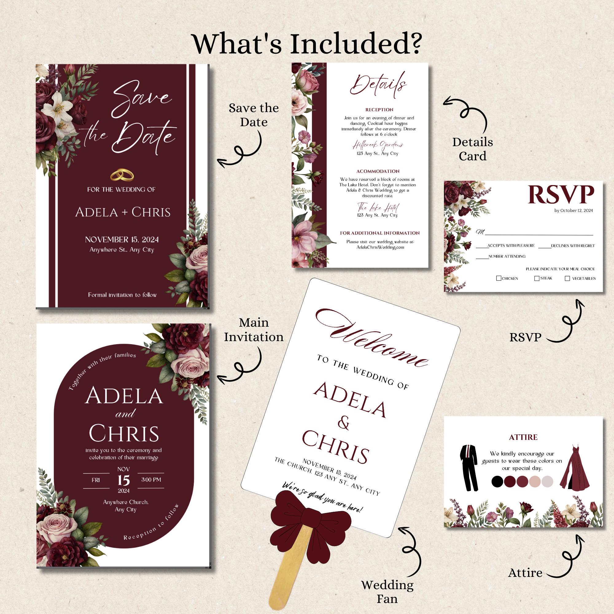 Maroon Wedding Invitation Template, Burgundy Wedding Invite, Printable ...