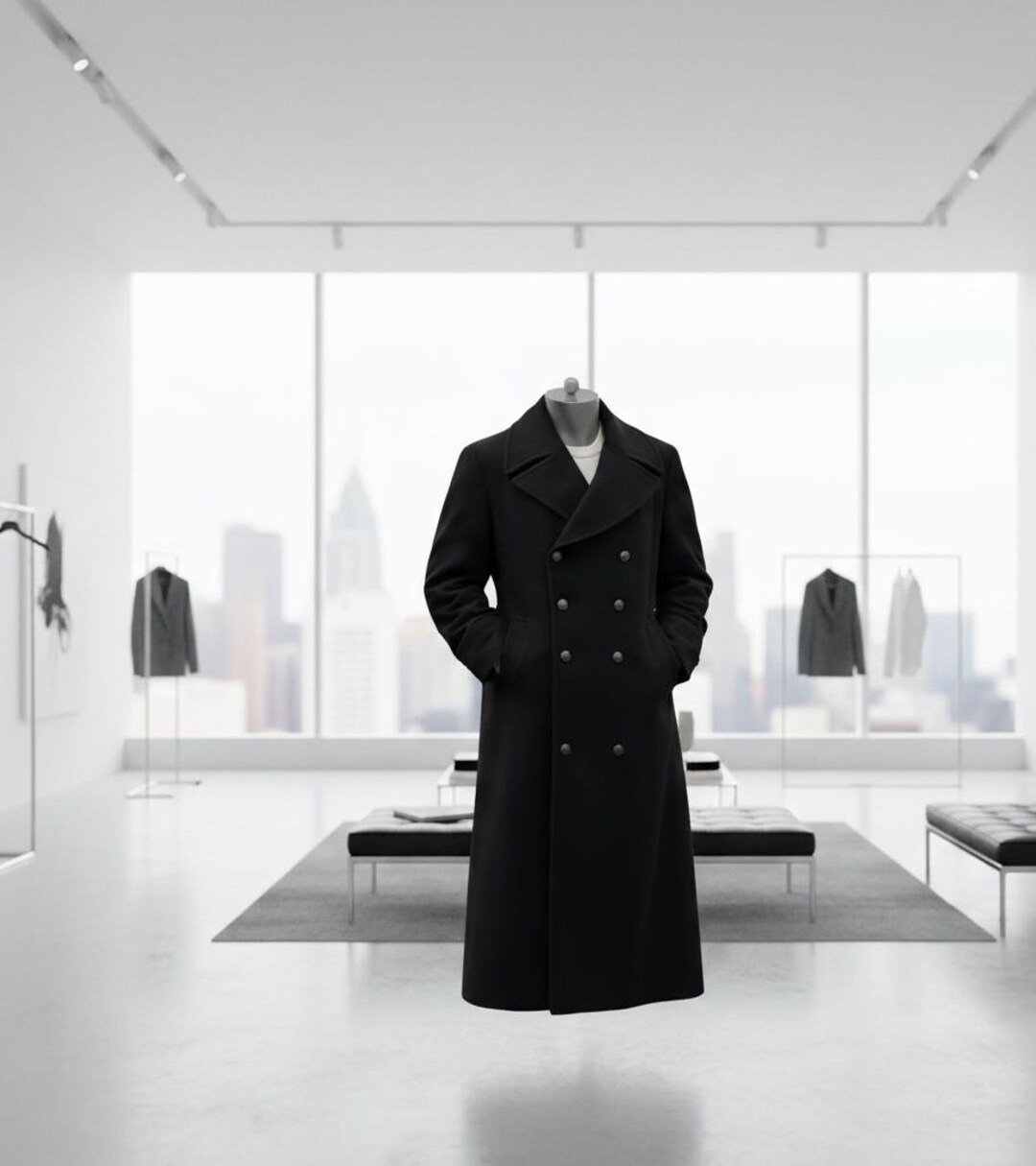 Men's Luxury Double-breasted Wool Greatcoat Charcoal Black Tailored ...