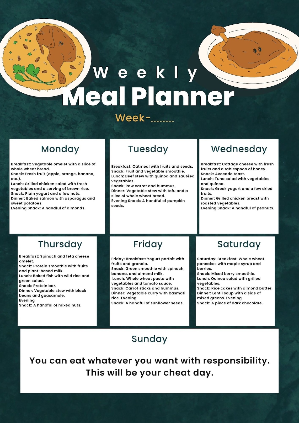 One Week Meal Planner for Weight Loss. - Etsy