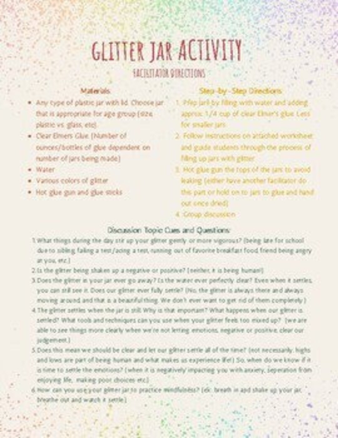 Glitter Jar Activity - Counseling - SEL - Group/classroom Lesson - Etsy
