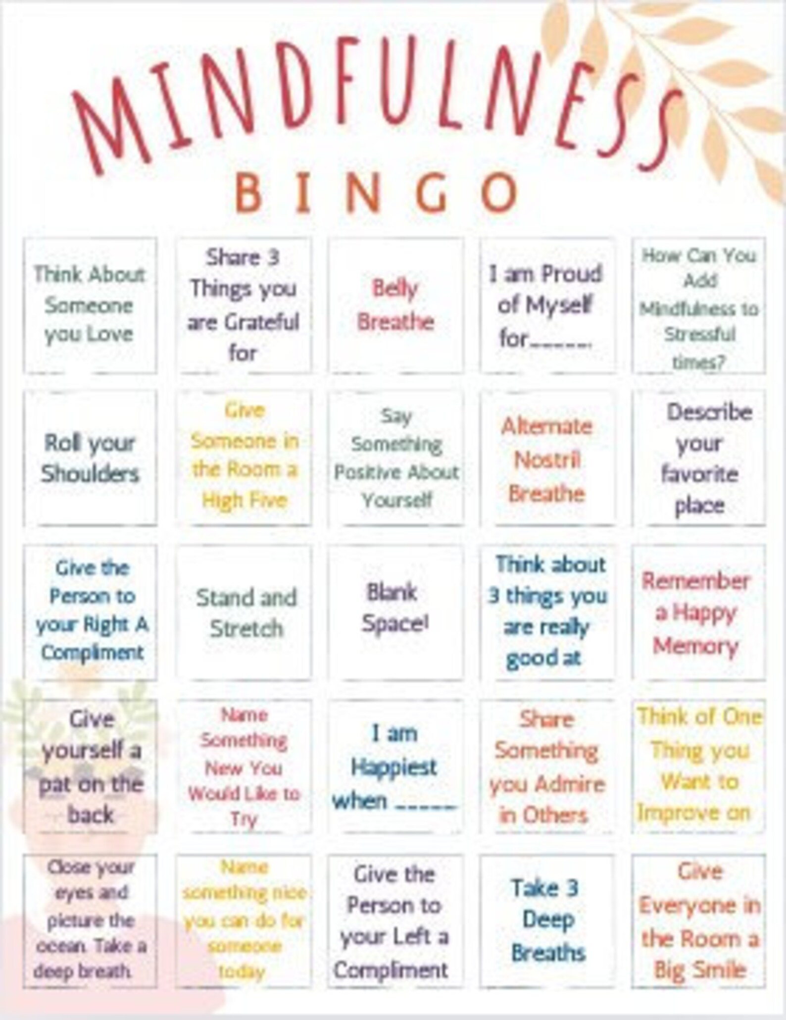 Mindfulness BINGO Game - 20 Player - School Counseling Activity ...