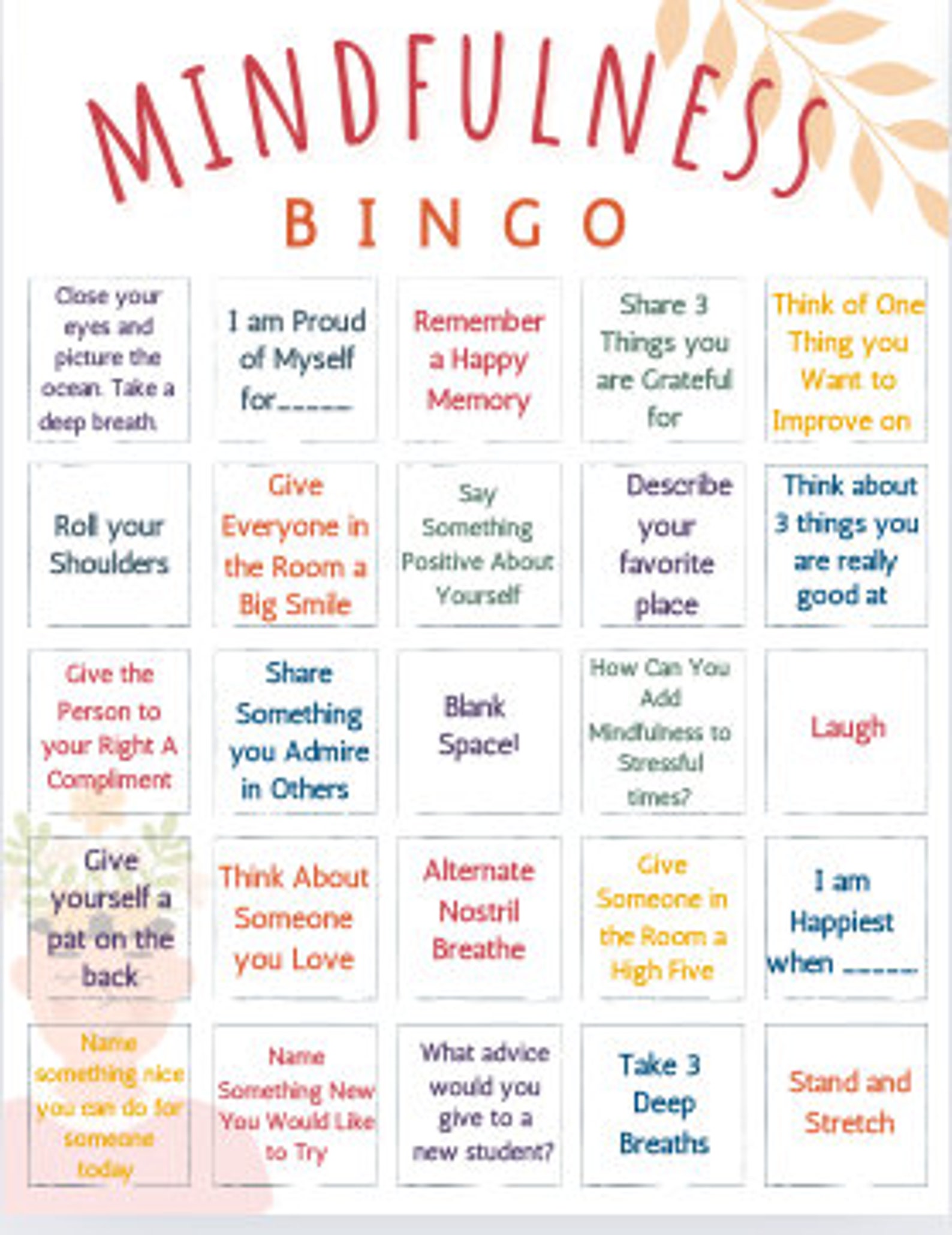 Mindfulness BINGO Game - 20 Player - School Counseling Activity ...