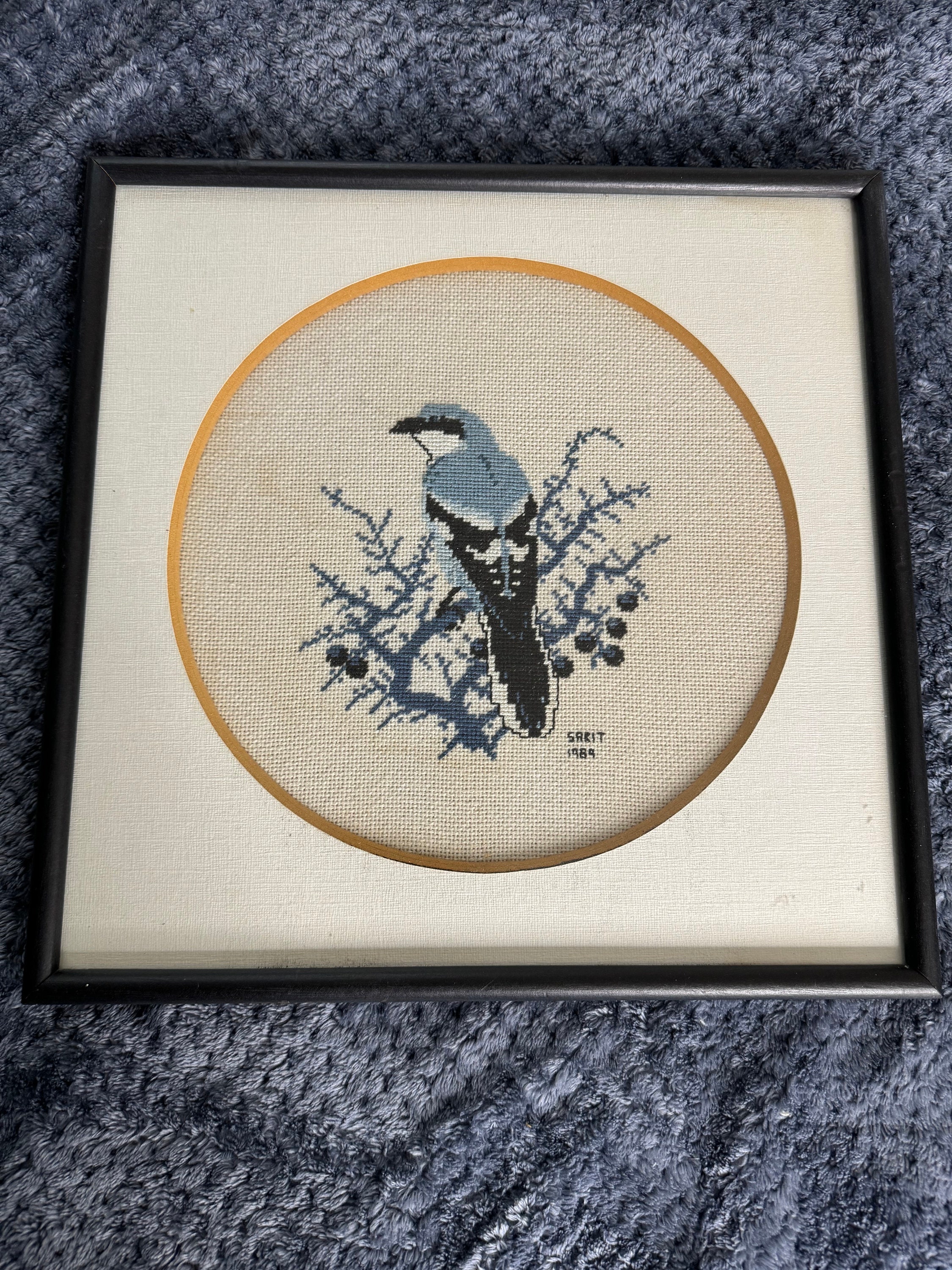 Vintage Blue Bird 1980's Cross Stitch. Framed Blue Bird Cross Stitch ...