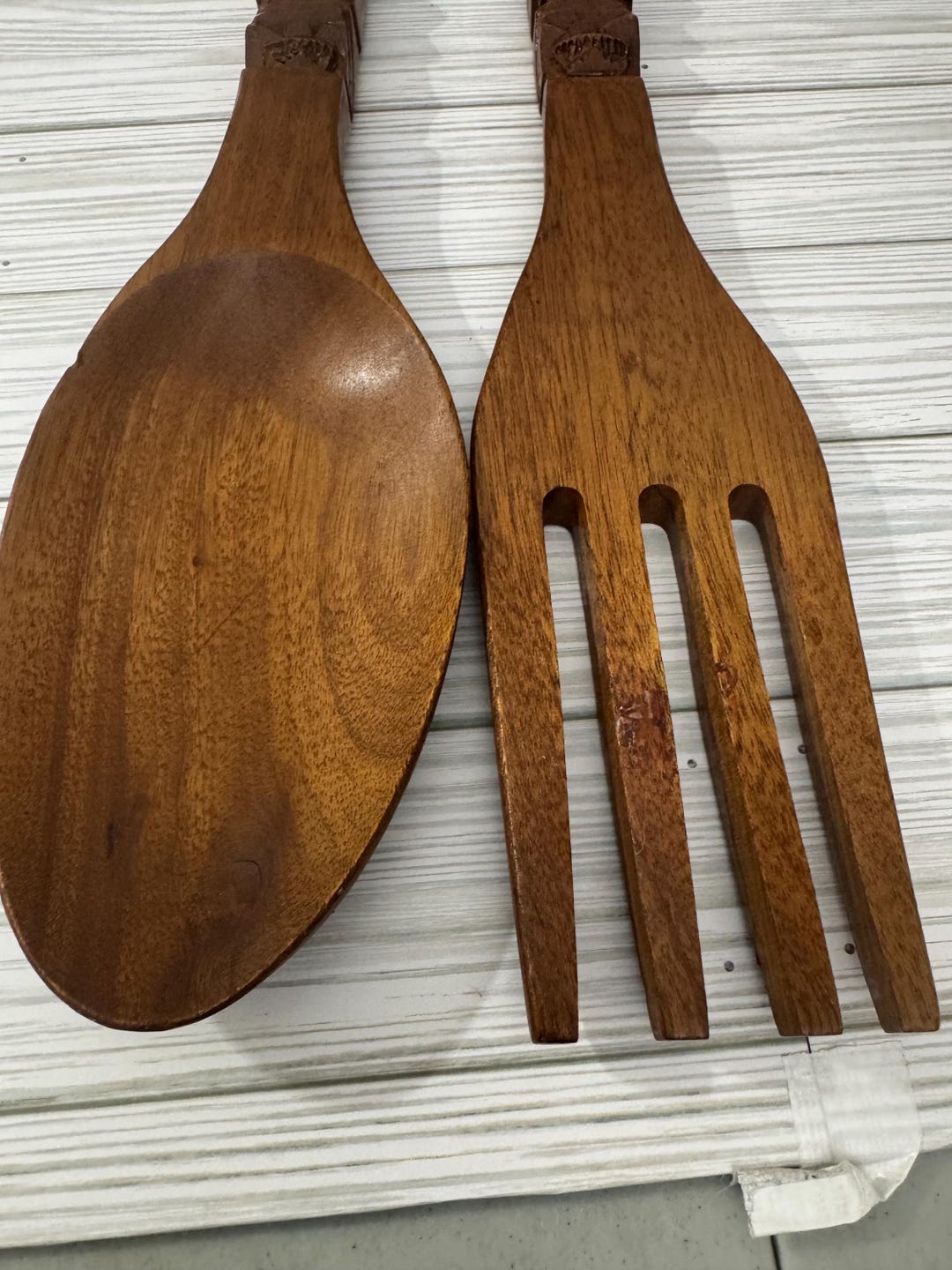 Vintage Carved Wooden Fork and Spoon Wall Decor 70s Wooden Fork Spoon ...