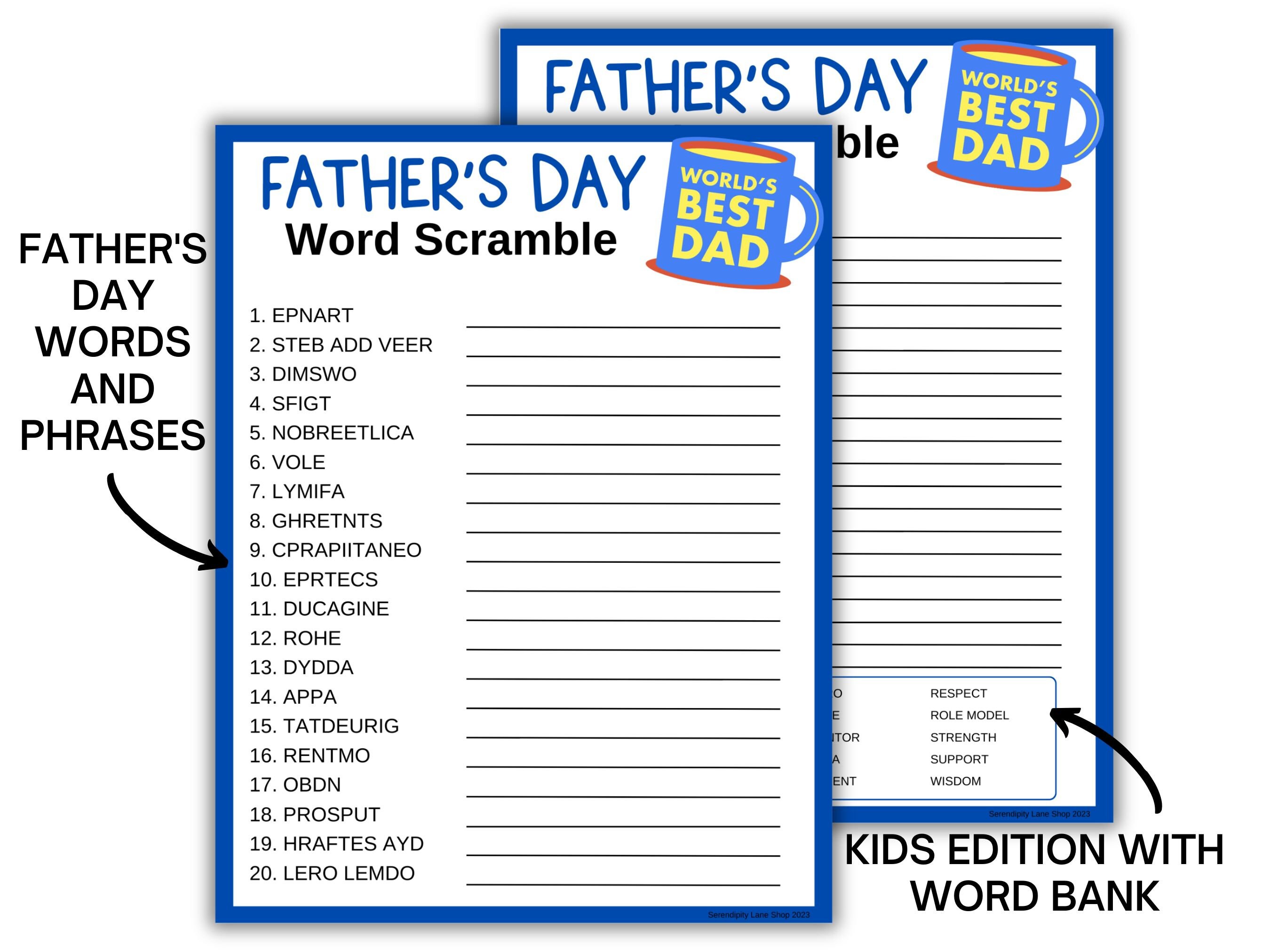 Fathers Day Word Scramble Printable Game, Fathers Day Activity for Kids ...