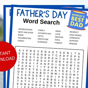 Fathers Day Word Search Printable Game, Fathers Day Activity for Kids ...