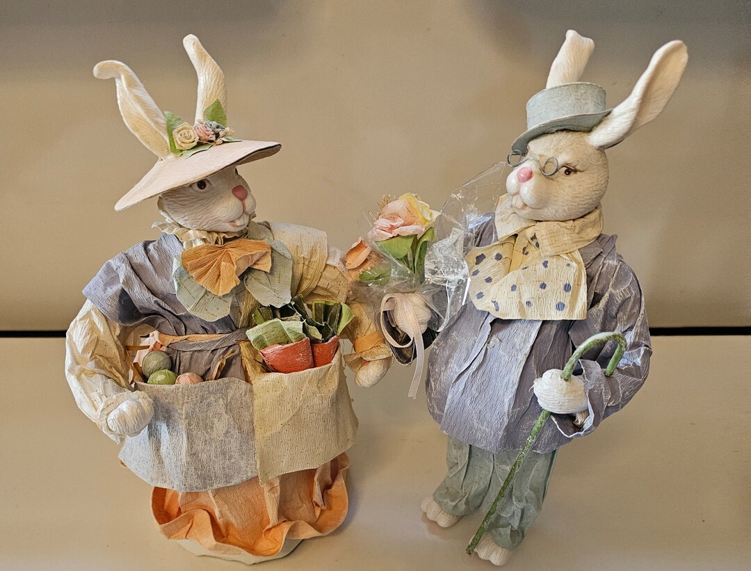 10” Paper Mache Easter Bunny Rabbits Set of 2 Mr. & Mrs. Easter Bunny ...