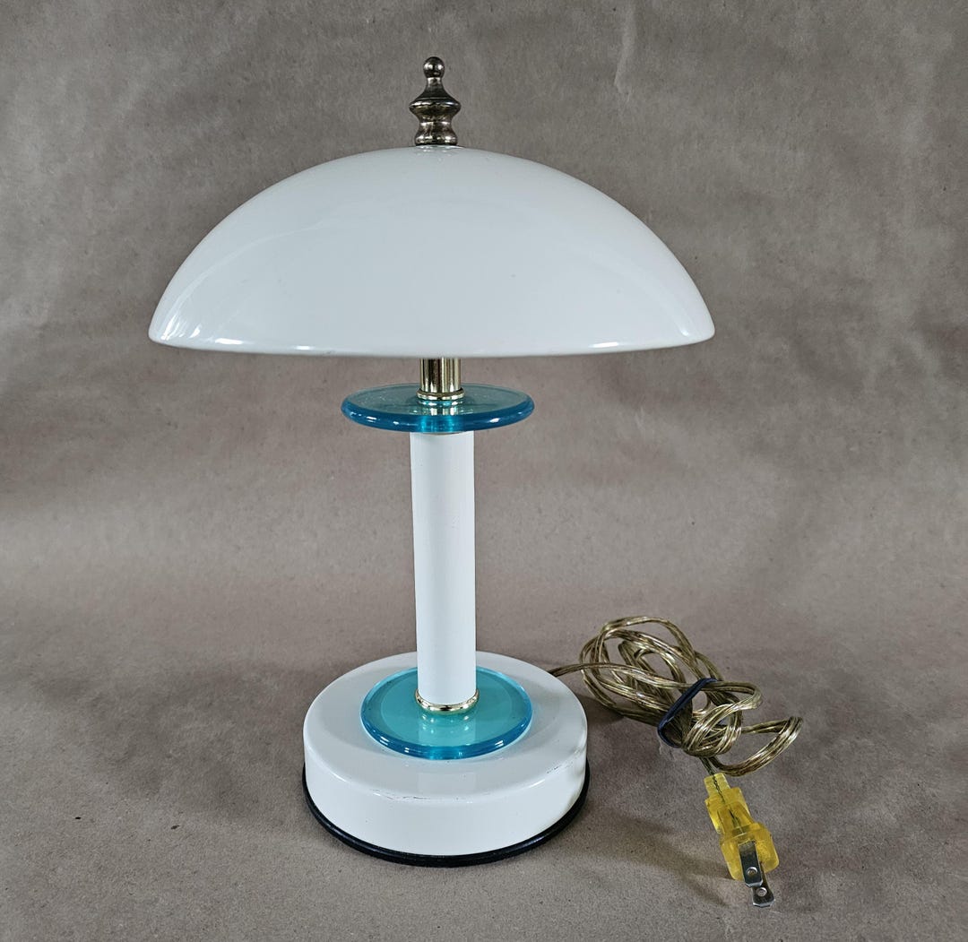 1980s Metal Touch Lamp With Domed Shade, Turquoise Glass and Gold Toned Accents and 3-way Light ...