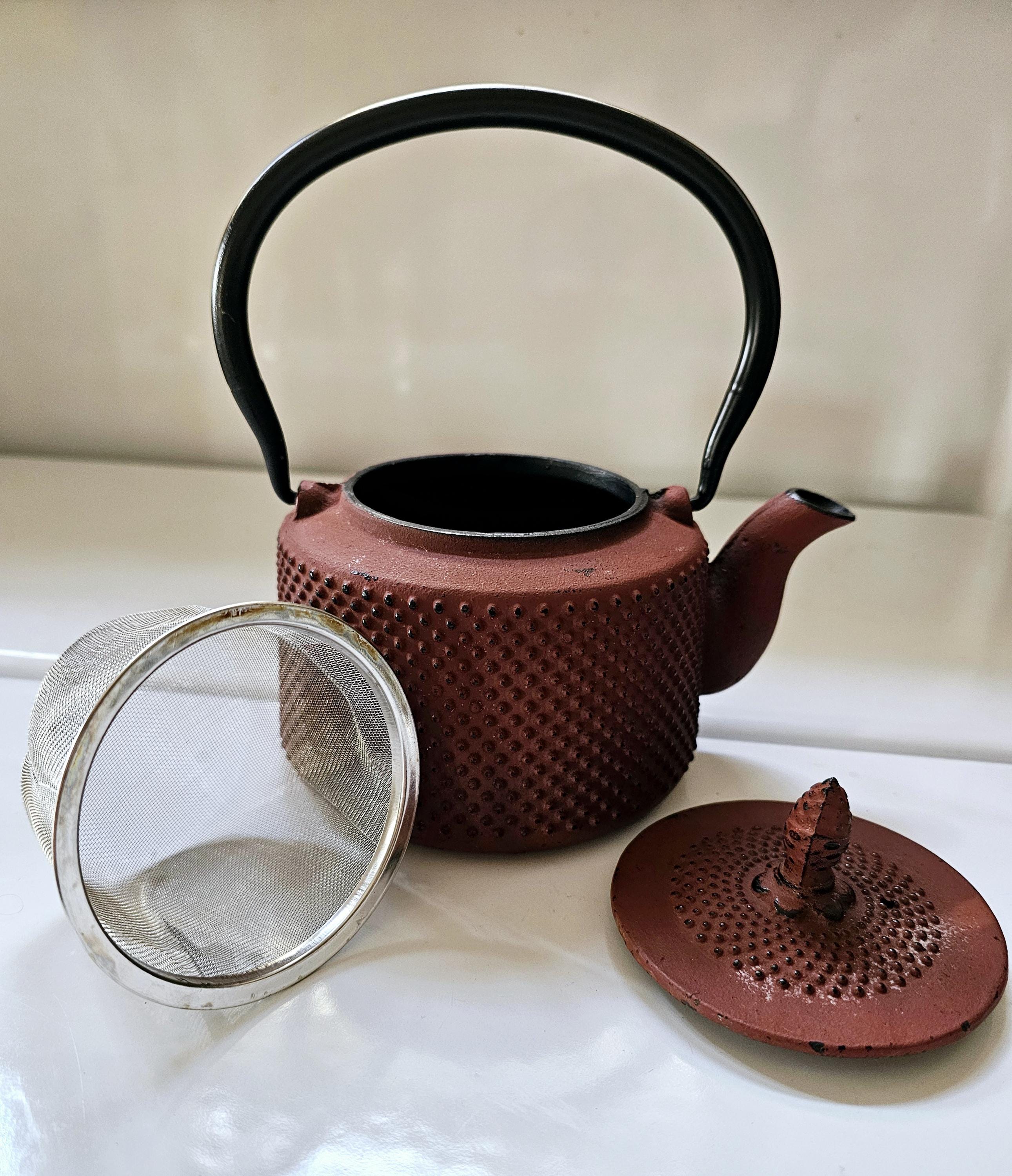 Vintage Japanese Style Red Cast Iron Teapot 2.5 Cup With Enameled ...