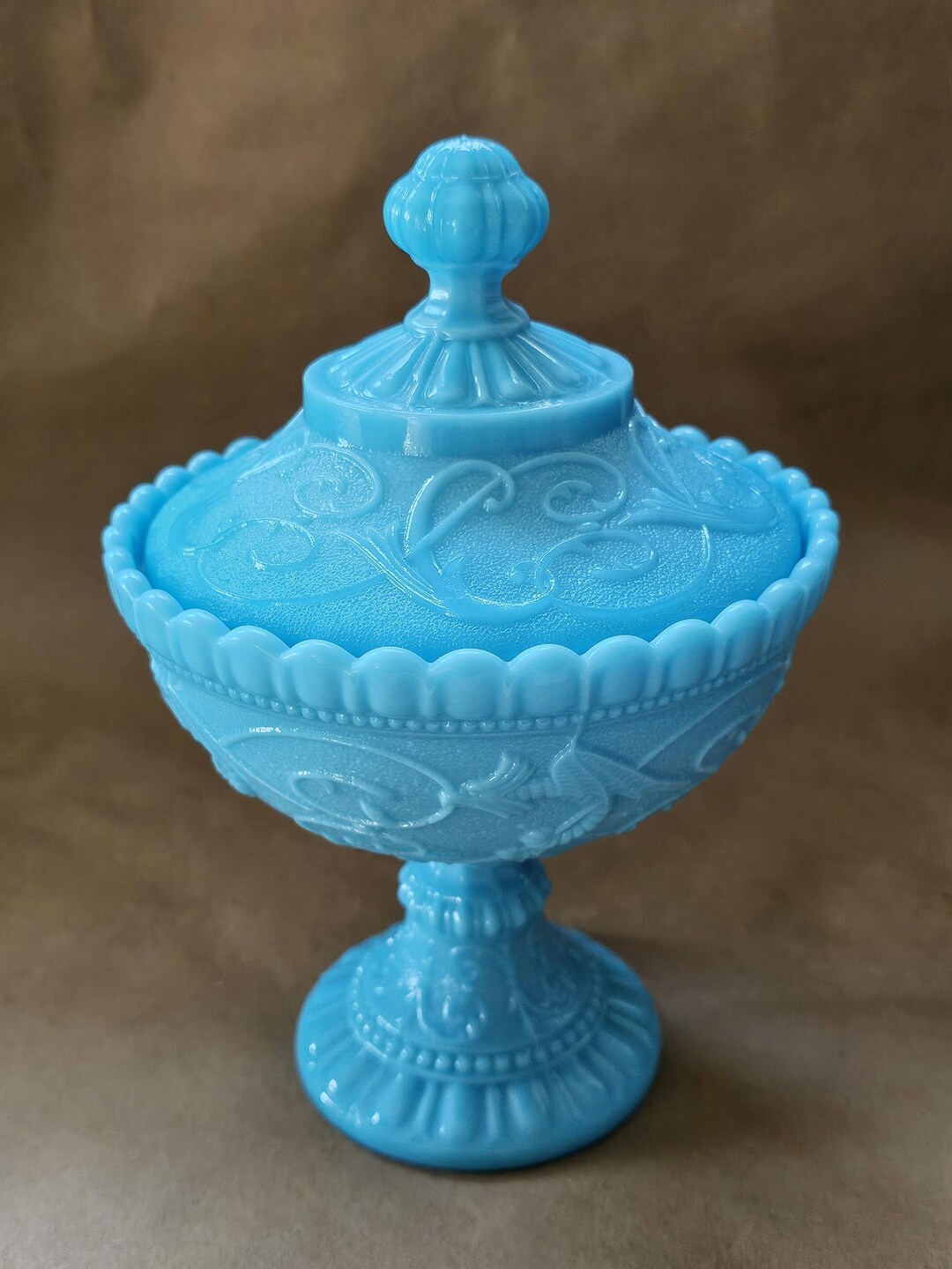 Vintage French Blue Opaline Milk Glass Pedestal Candy Dish With Lid in the Portieux Vallerysthal ...