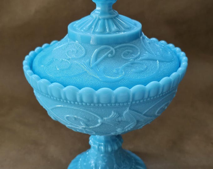 Vintage French Blue Opaline Milk Glass Pedestal Candy Dish With Lid in the Portieux Vallerysthal ...