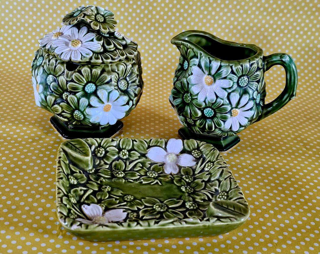 Vintage Relpo Ceramic Daisy Sugar Bowl, Creamer & Tray Set - Etsy