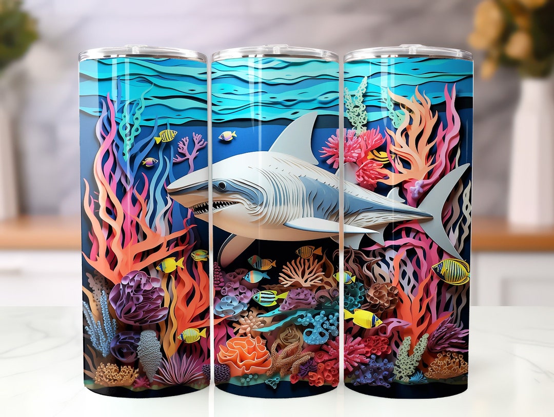 3D Shark Sea 3 20oz Tumbler Sublimation Wrap, Ocean Coral Reef Straight ...