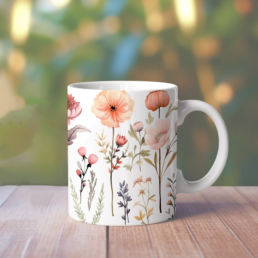 Boho Flowers Mug Wrap, 11oz Floral Mug Design, 15oz Flowers Sublimation ...