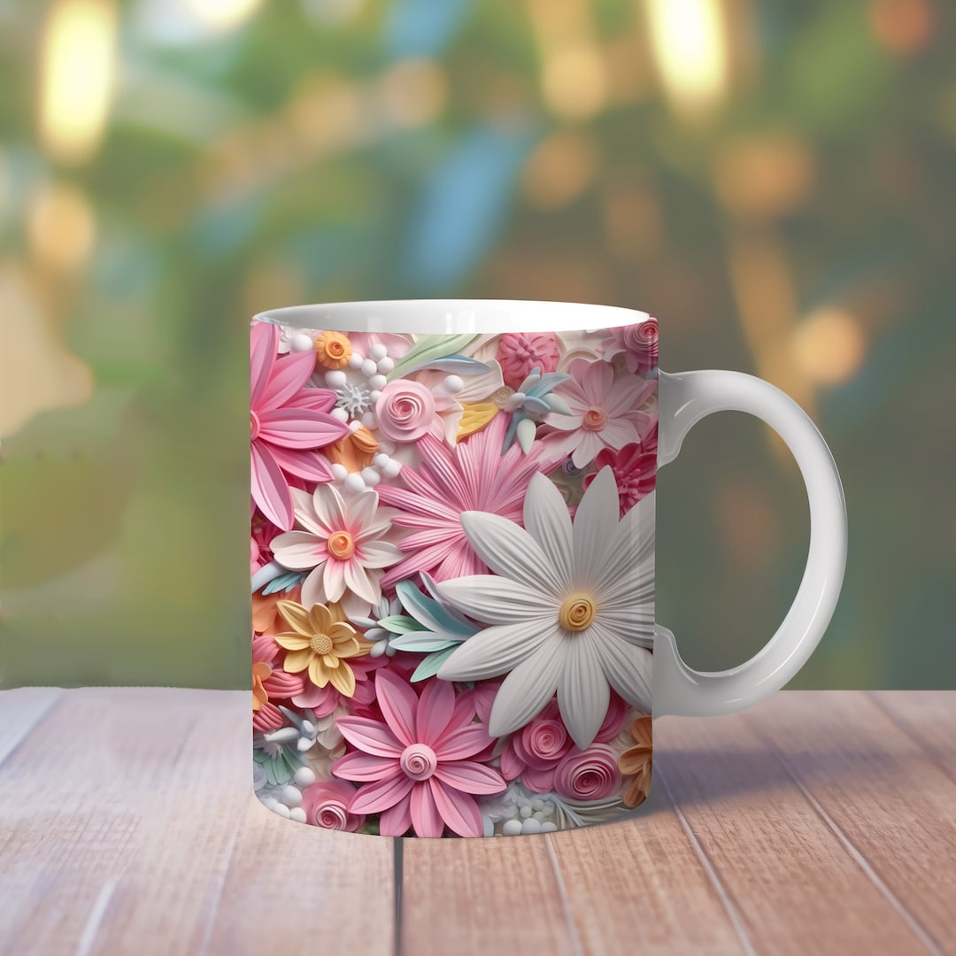 3D Pink Flowers Mug Wrap, 11oz 12oz 15oz Floral Mug Design, 11oz Floral ...