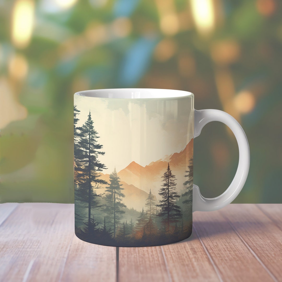 Vintage Pine Trees Mug Wrap, 11oz Mountain Mug Design, 15oz Nature Mug ...