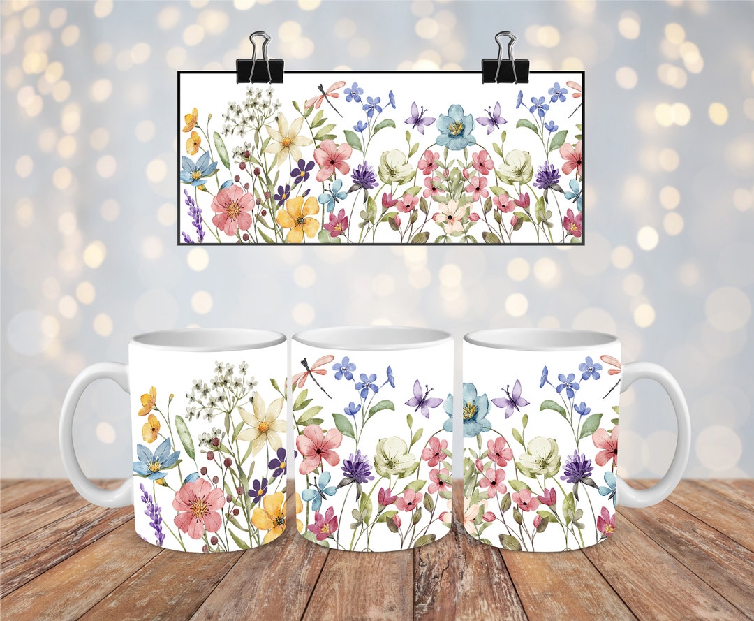 Cute Flowers Mug Wrap, 11oz Floral Mug Design, 15oz Flowers Sublimation ...