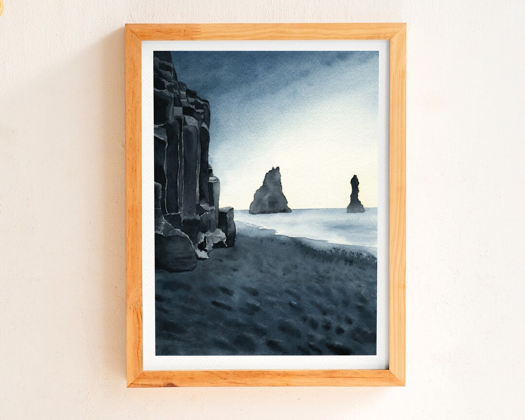 Iceland Watercolor Painting, Reynisfjara Black Sand Beach, Basalt ...