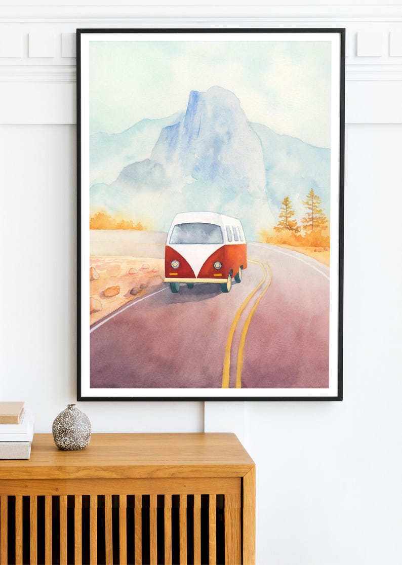 Red Camper Van Print: Yosemite, California Road Trip Art (digital ...