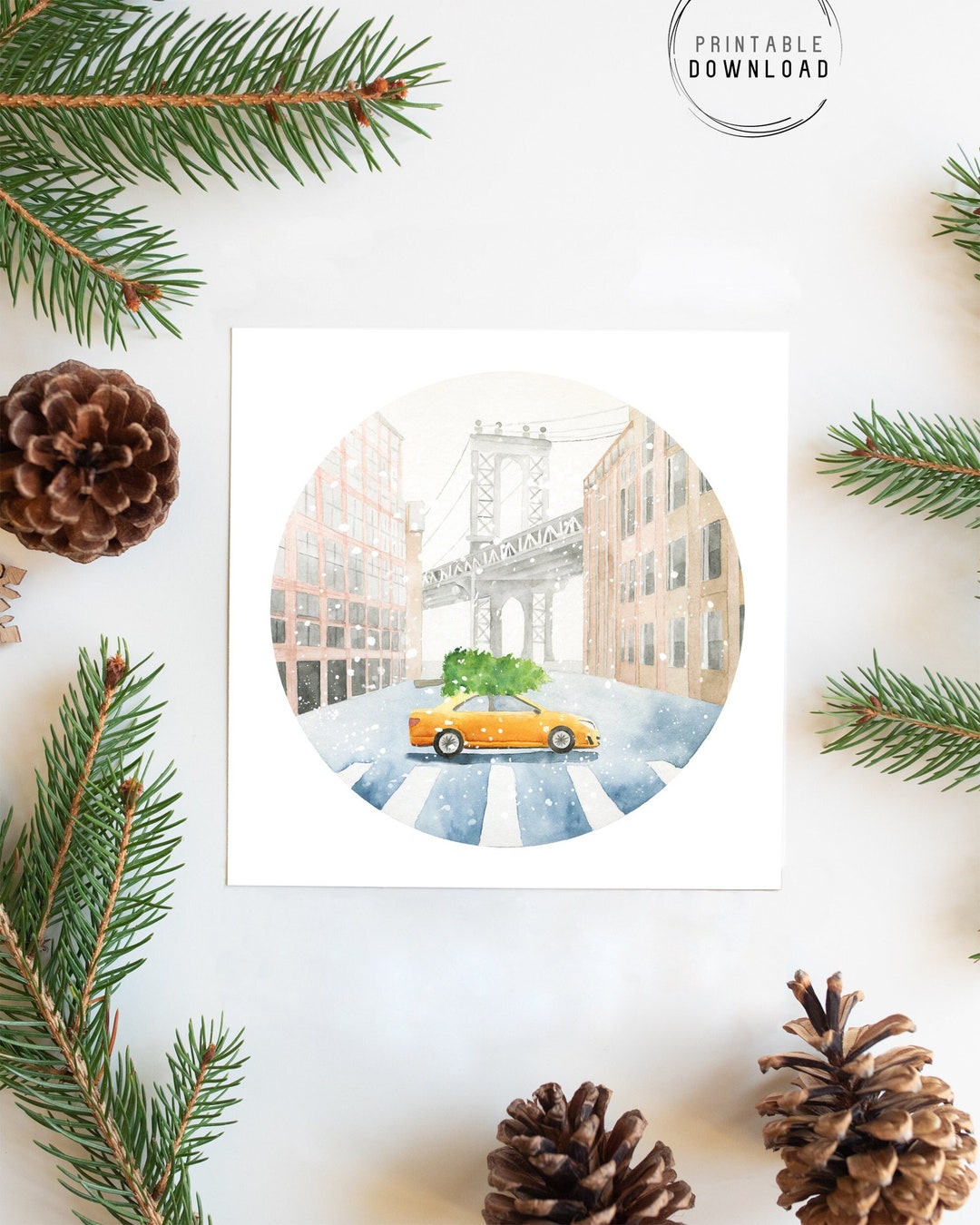 New York Christmas Card, Printable Travel Postcard Manhattan Bridge ...