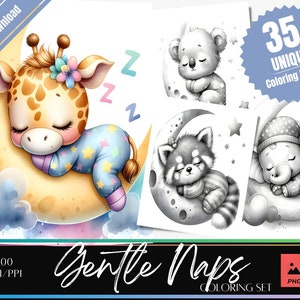 35 Cute Animals Coloring Book | Sleeping Over the Moon | Grayscale ...