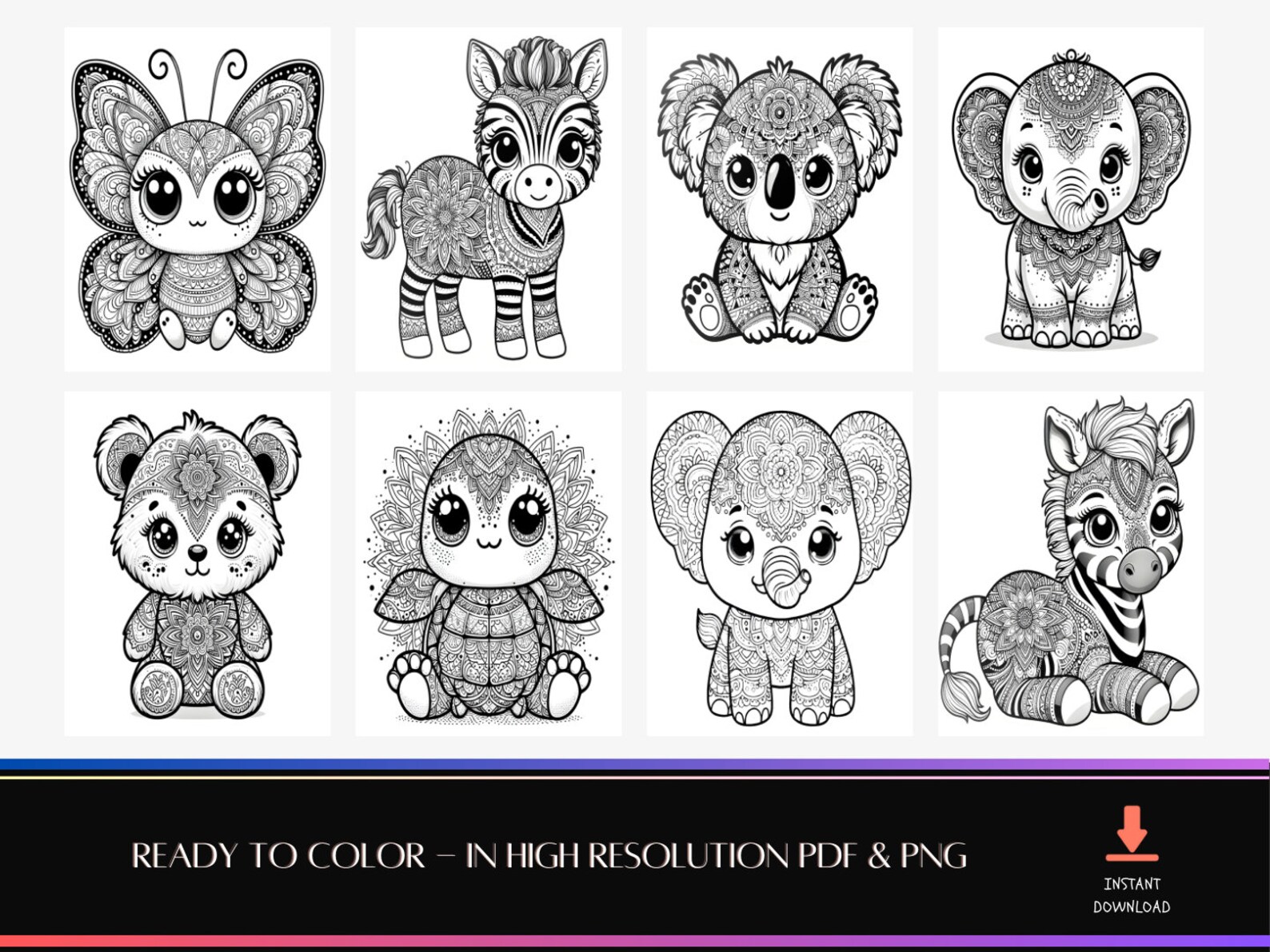 Mandala Animals Coloring Book | 49 Cute Grayscale Pages (PDF, PNG) - Etsy