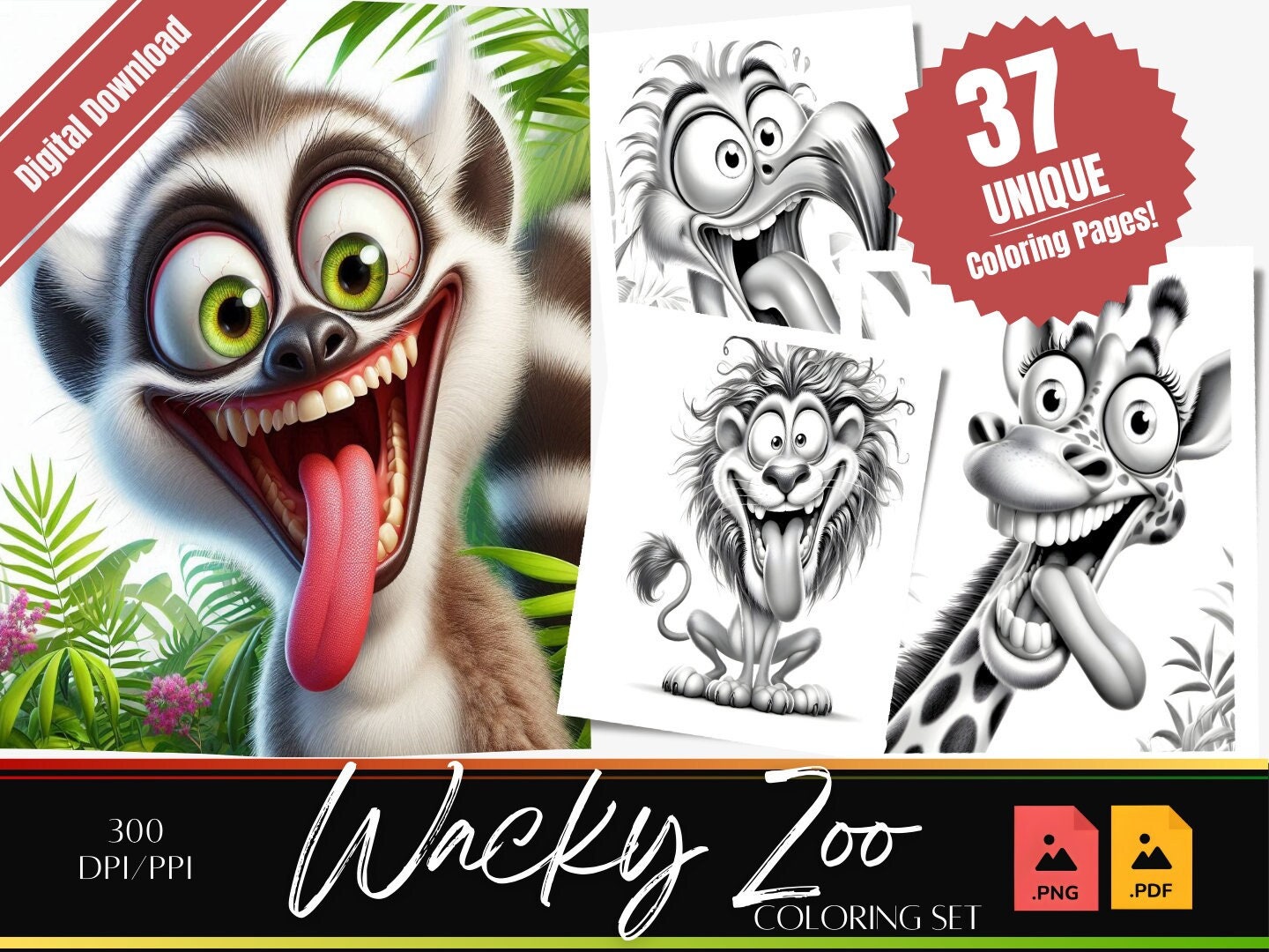 37 Wacky Zoo Animals Adult Coloring Book Digital Download PDF Download ...