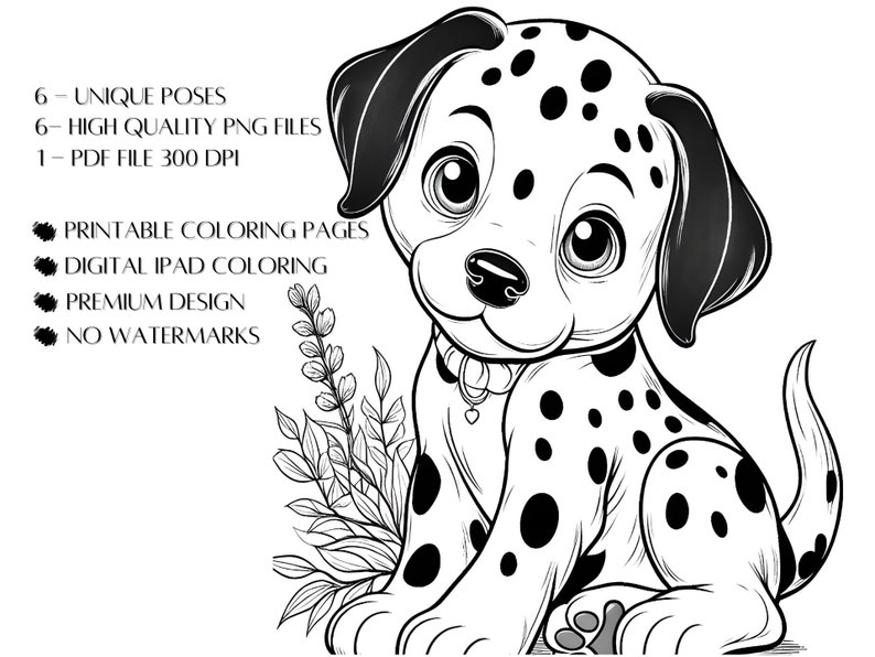 6 Cute Dalmatian Puppies | Grayscale Coloring Pages | Printable Adult ...