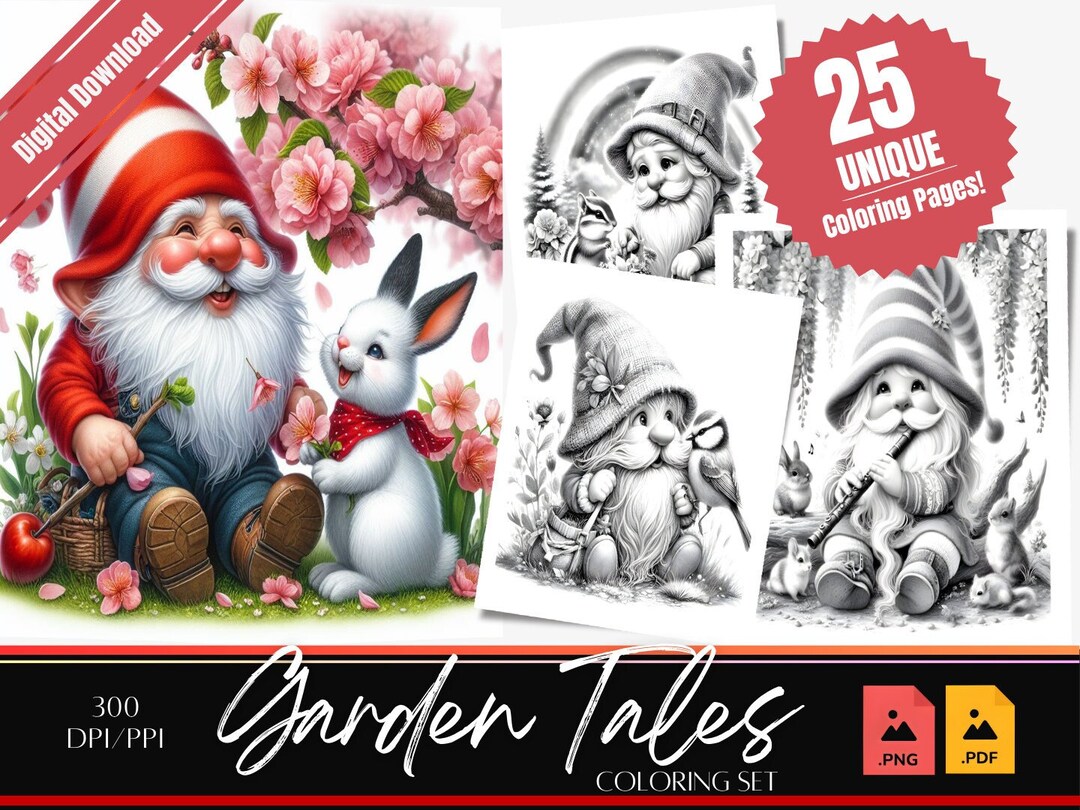 25 Gnomes Coloring Set | Coloring Book | Printable Adult Kids Coloring ...