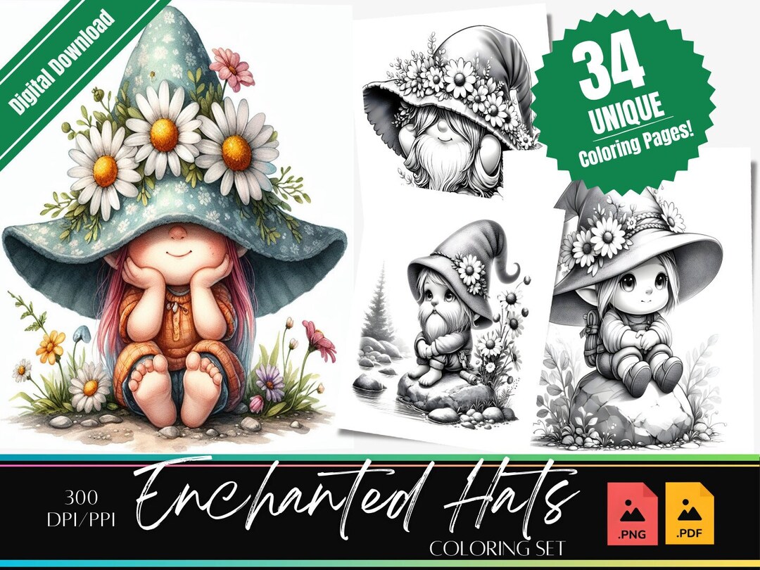 34 Gnomes Coloring Set | Coloring Book | Printable Adult Kids Coloring ...
