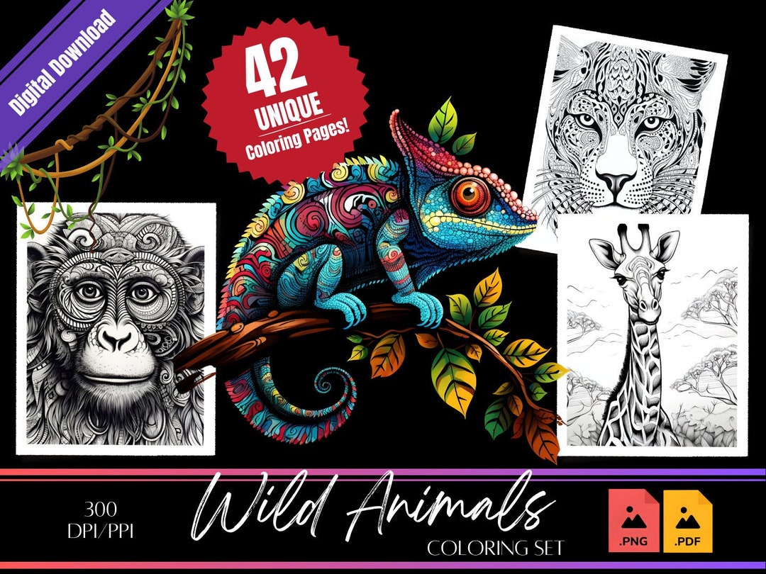 42 Wild Animals Coloring Page Set | Coloring Book, Adults + Kids ...