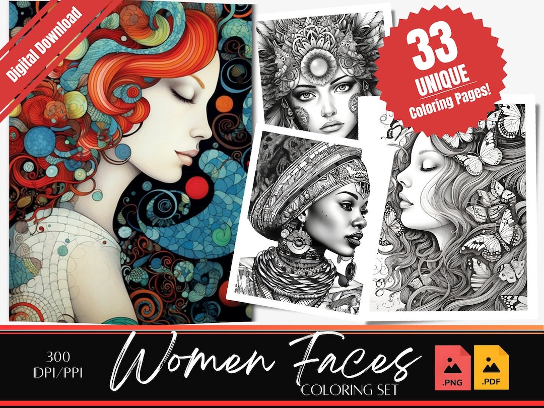 33 Women Faces Coloring Page Set Coloring Book Adults - Etsy