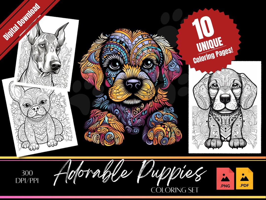 10 Adorable Puppies Coloring Page Set | Coloring Book, Adults + Kids ...