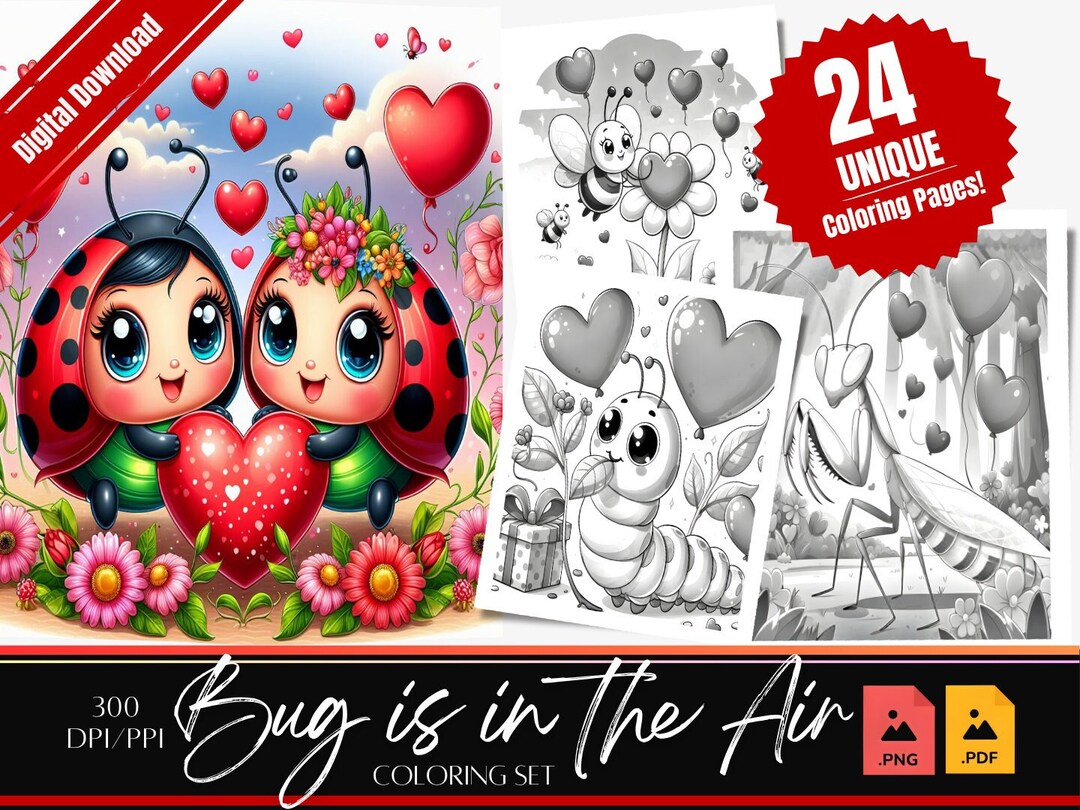 24 Valentines Day Adult Coloring Pages | Cute Bugs | Printable Adult ...