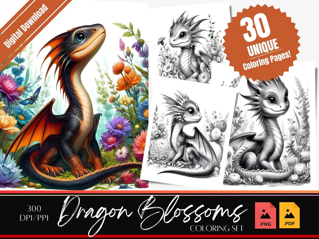 30 Baby Woodland Dragon Fantasy Coloring Page Book, Adults + Kids ...