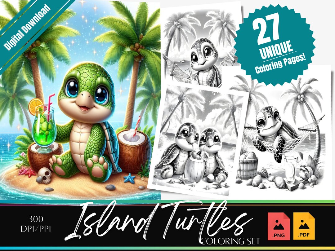 27 Cute Summer Turtles | Grayscale Coloring Pages | Printable Adult ...