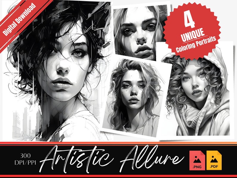 4 Artistic Portraits Coloring Pages Adult Coloring - Etsy