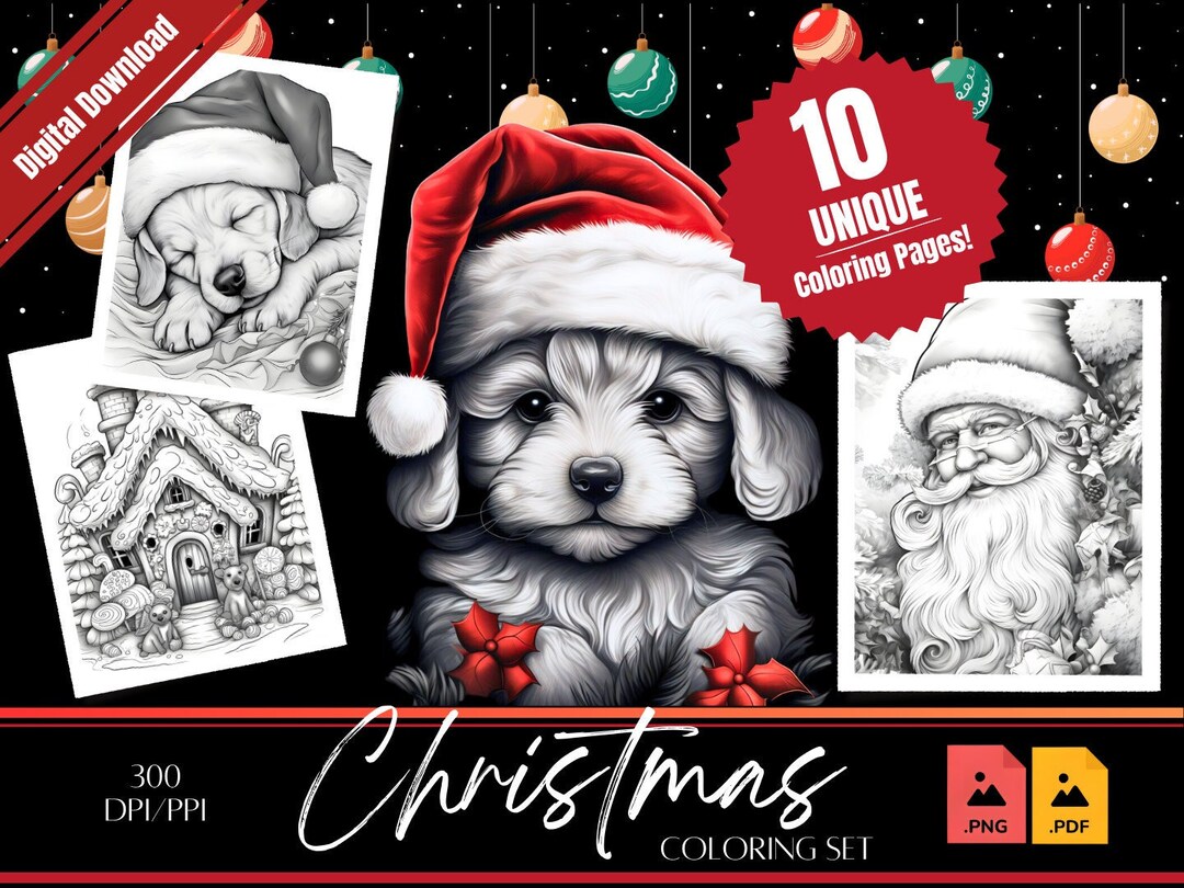 10 Christmas Coloring Page Set | Coloring Book, Adults + Kids- Instant ...