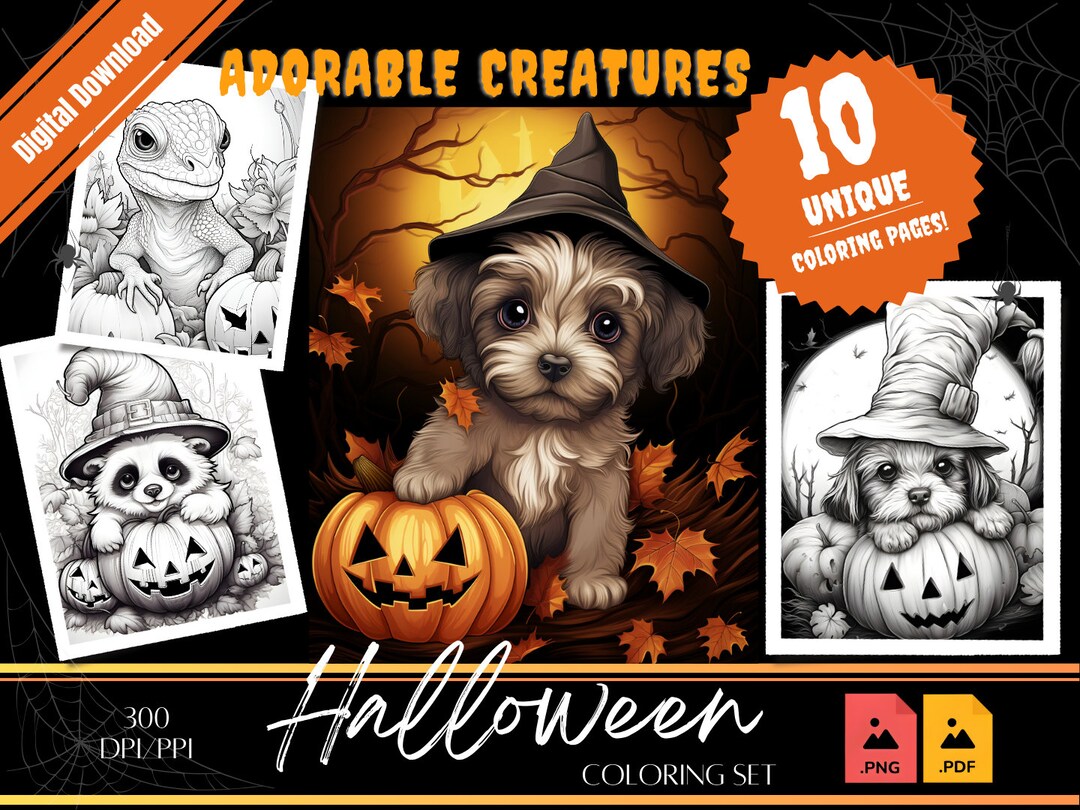 10 Halloween Coloring Page Set | Coloring Book, Adults + Kids- Instant ...