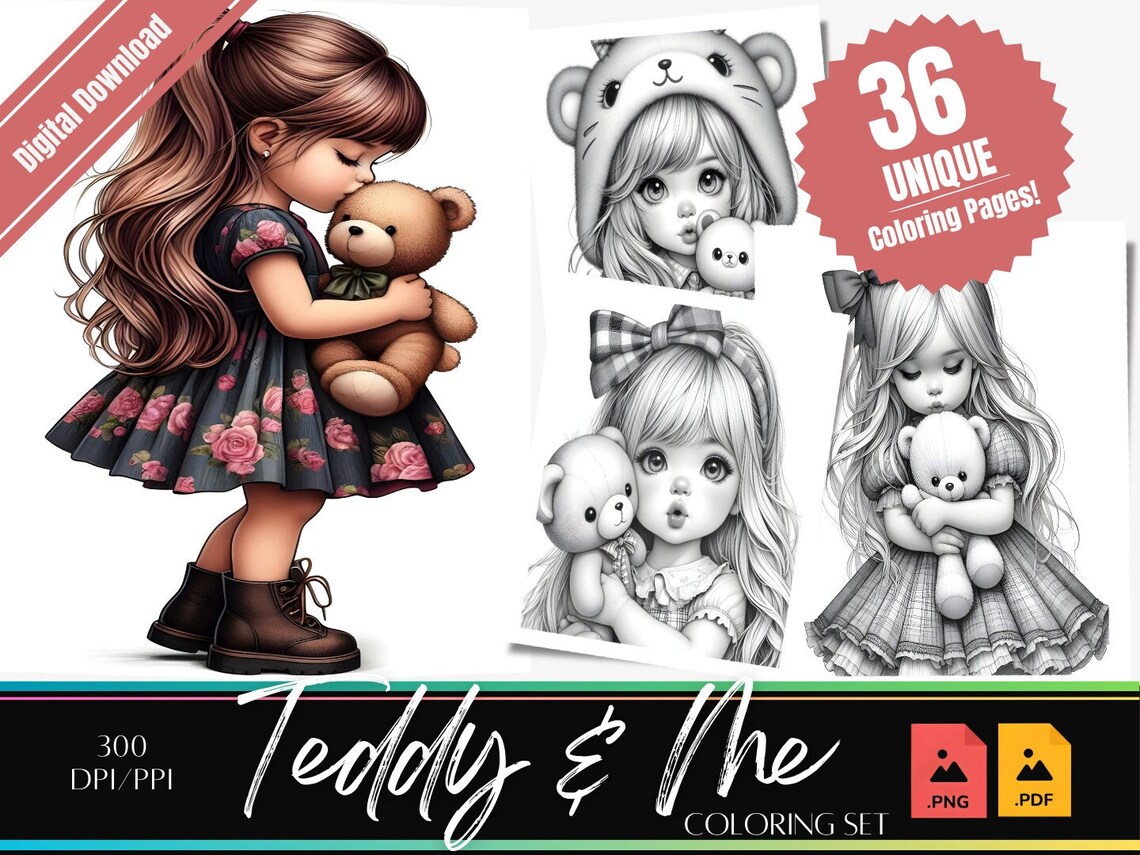 Cute Girl & Teddy Bear Coloring Book | 36 Printable Pages (PDF, PNG) - Etsy