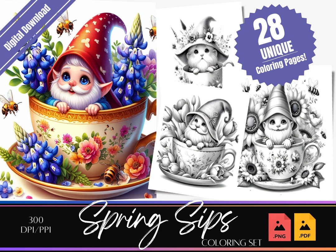 28 Gnomes Coloring Set | Coloring Book | Printable Adult Kids Coloring ...