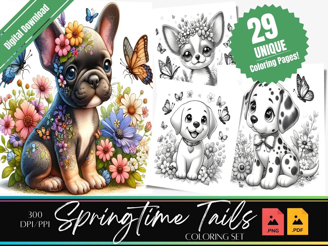 Cute Spring Puppies Coloring Pages | Grayscale Illustration (PDF & PNG ...