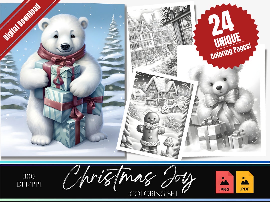24 Christmas Coloring Page Set | Coloring Book, Adults + Kids- Instant ...