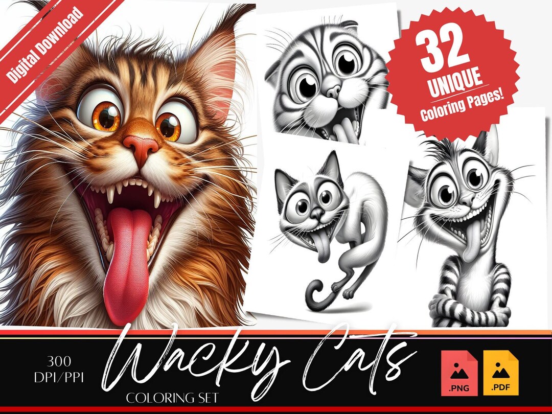 32 Wacky Cats | Adult Coloring Book | Digital Download | PDF Download ...